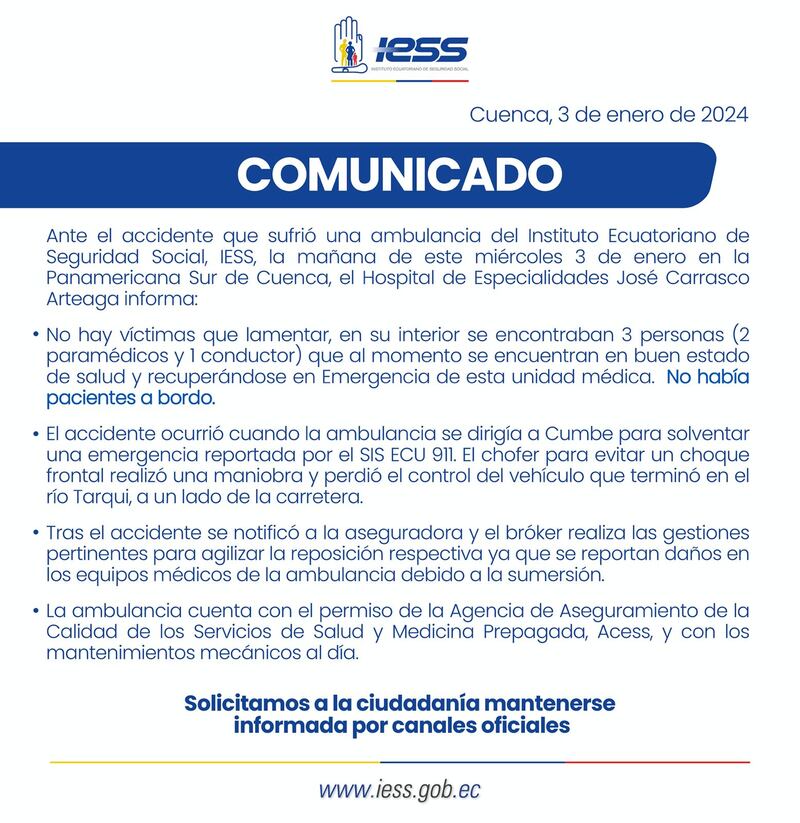 Cuenca: Ambulancia del IESS que cayó al río Tarqui no transportaba a un ...